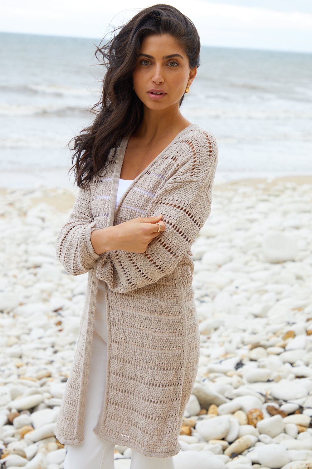 Stone 'Luella' Longline Crochet Knit Cardigan