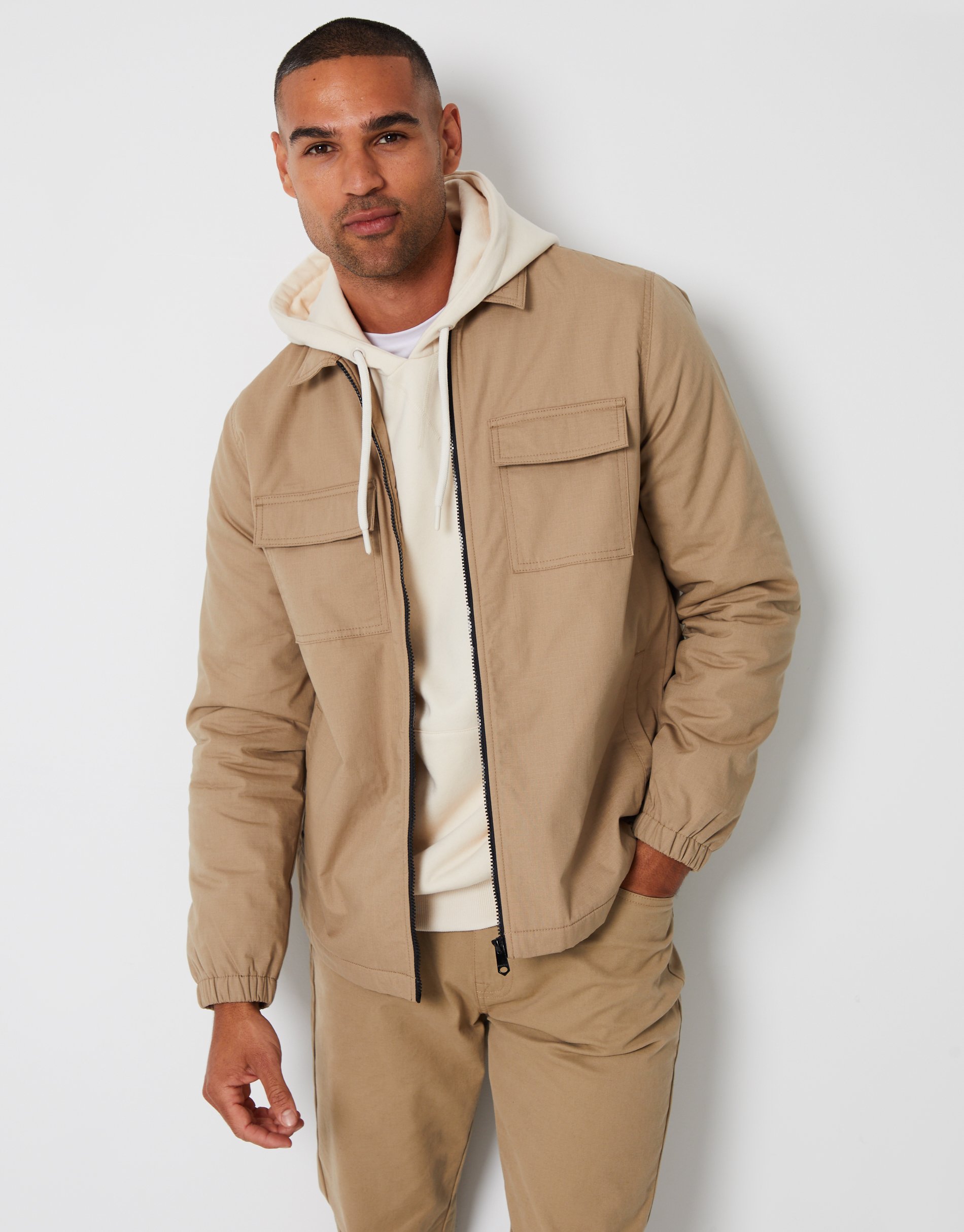 Stone 'Carrier' Fleece Lined Zip Up Cotton Shacket