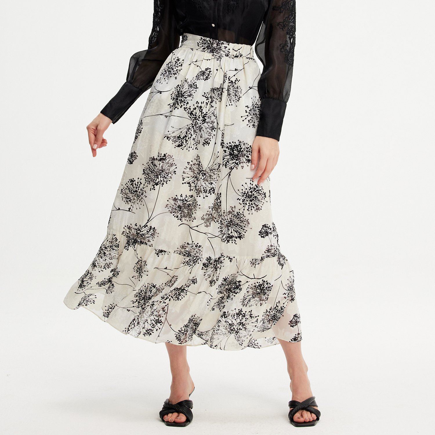Lange rok met lineaire print en ruches