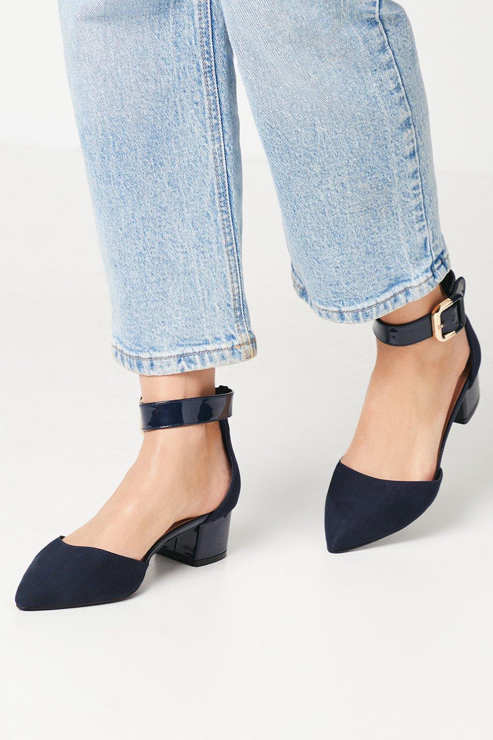 Wide Fit Derby Buckle Detail Medium Block Heel Pointed Court Shoes