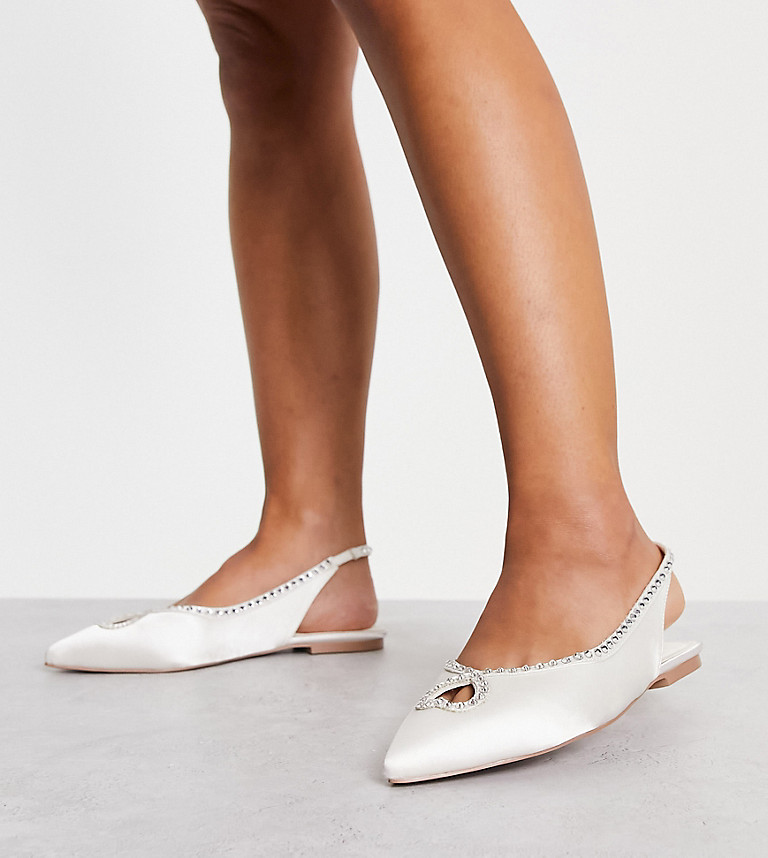 ASOS DESIGN Wide Fit Lust heart diamante ballet flats in ivory-White