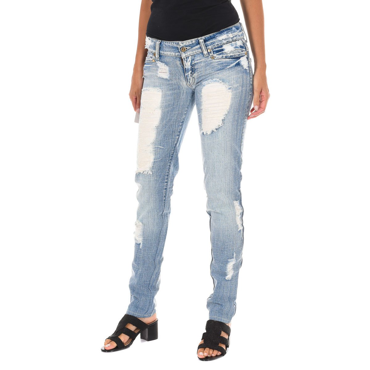 Long ripped effect denim pants with chiffon D012929-D024 woman