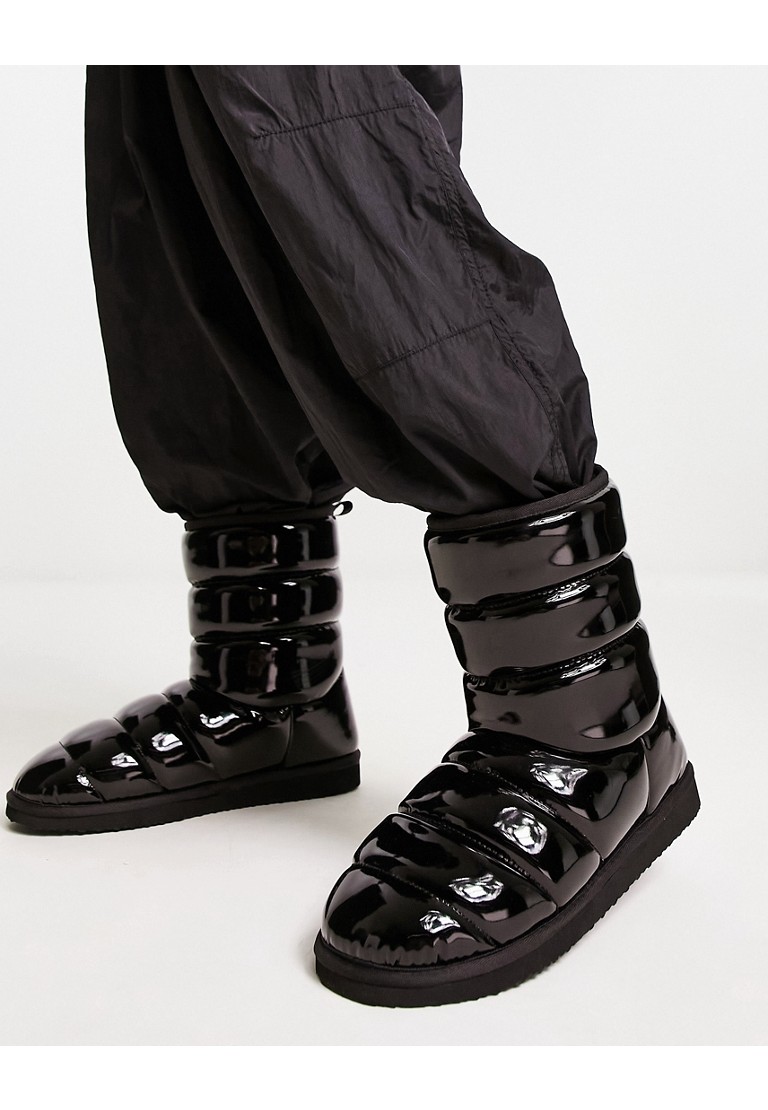 ASOS DESIGN puffer slipper boots in black gloss