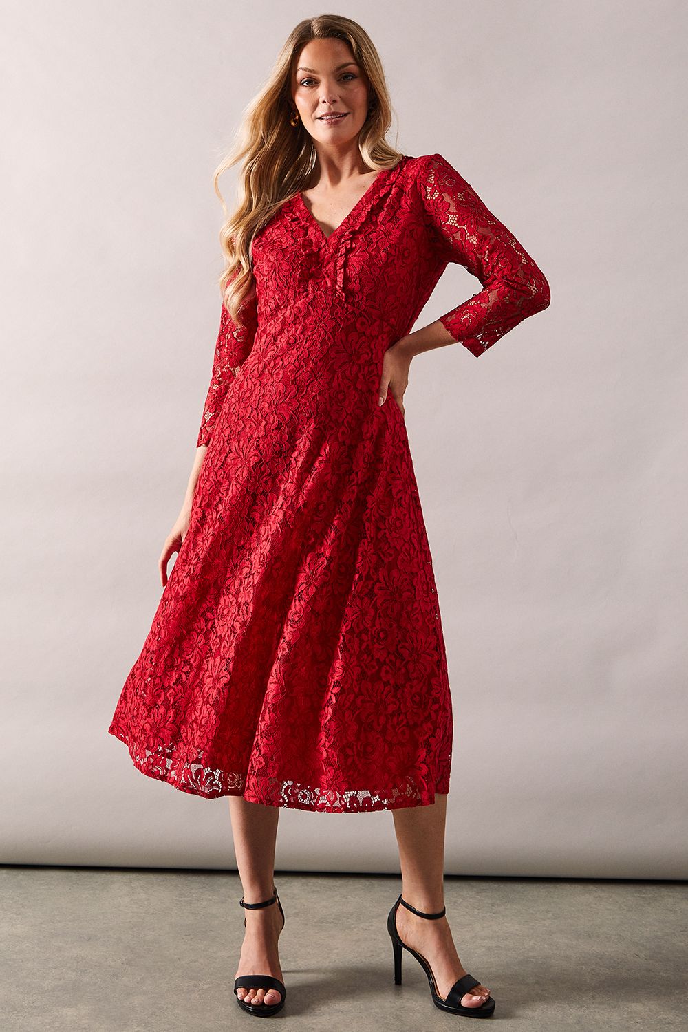 Occasion Lace Ruffle Front Crop Sleeve Midi Dress