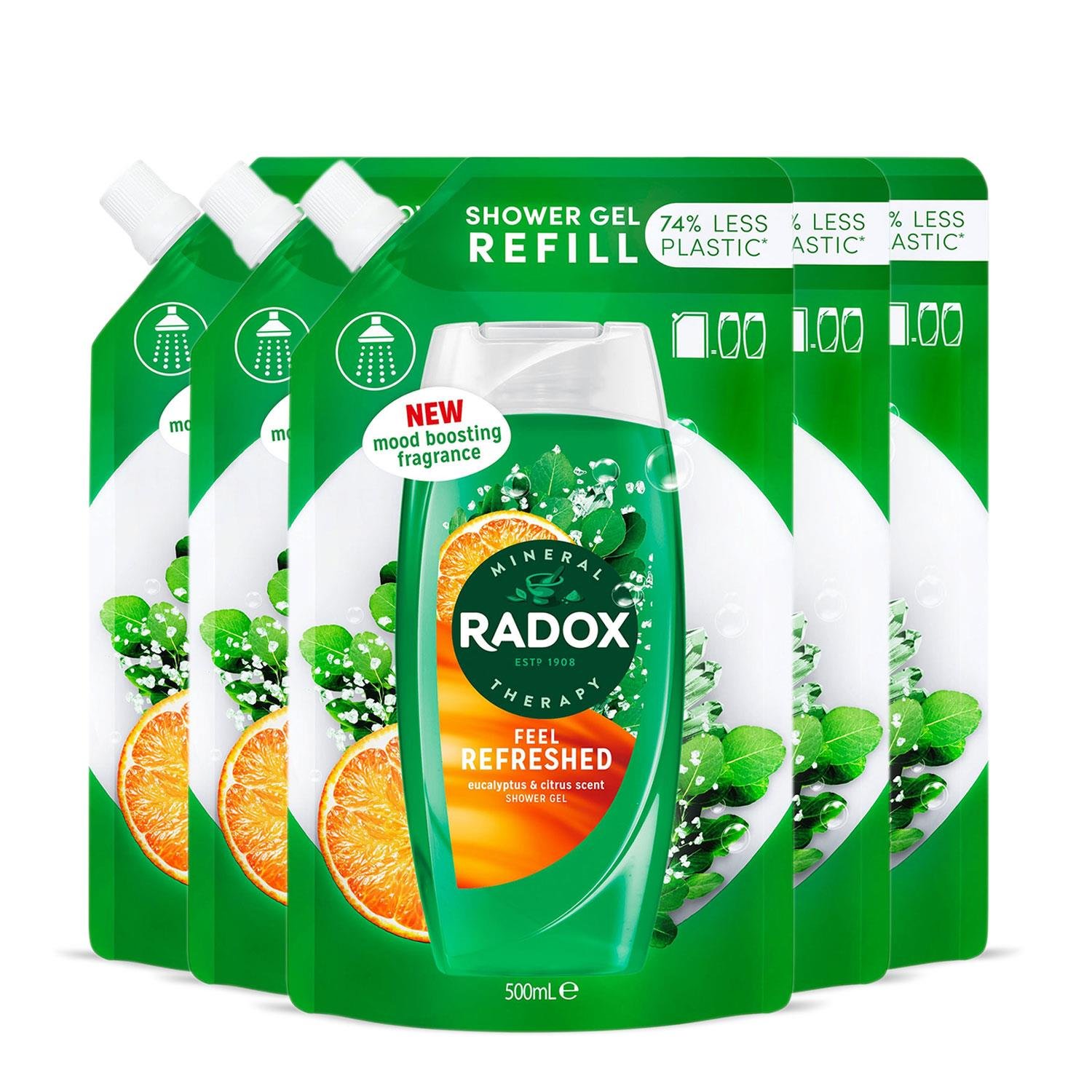 Radox Mineral Therapy Shower Gel Refill Pouch Feel Refreshed 500ml, 5 Pack