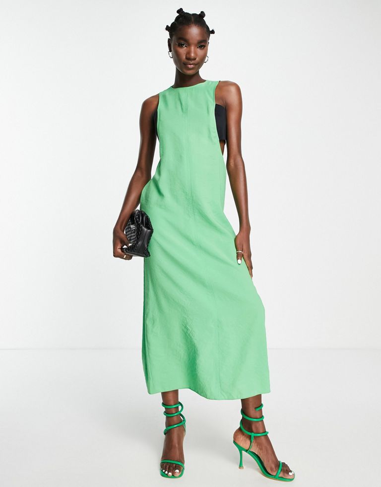 Topshop contrast black tab side midi dress in green