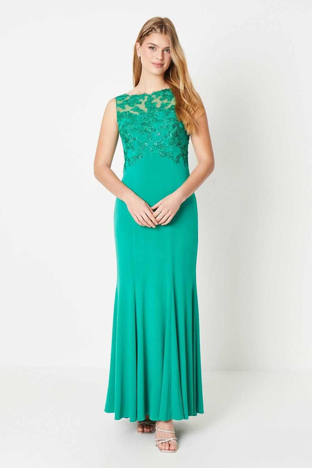 Debut London by Coast Slash Neck Open Back Applique Prom Dress