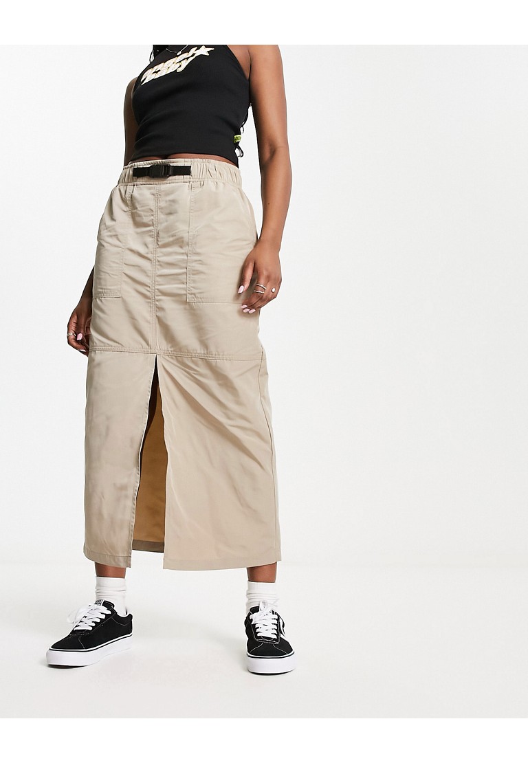 ASOS DESIGN maxi cargo skirt with belt detail in techy fabric in stone ...