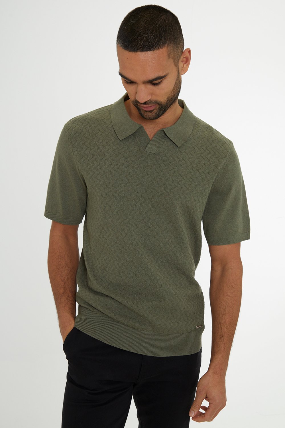 Dark Olive Textured Front Short Sleeve Trophy Neck Knitted Polo