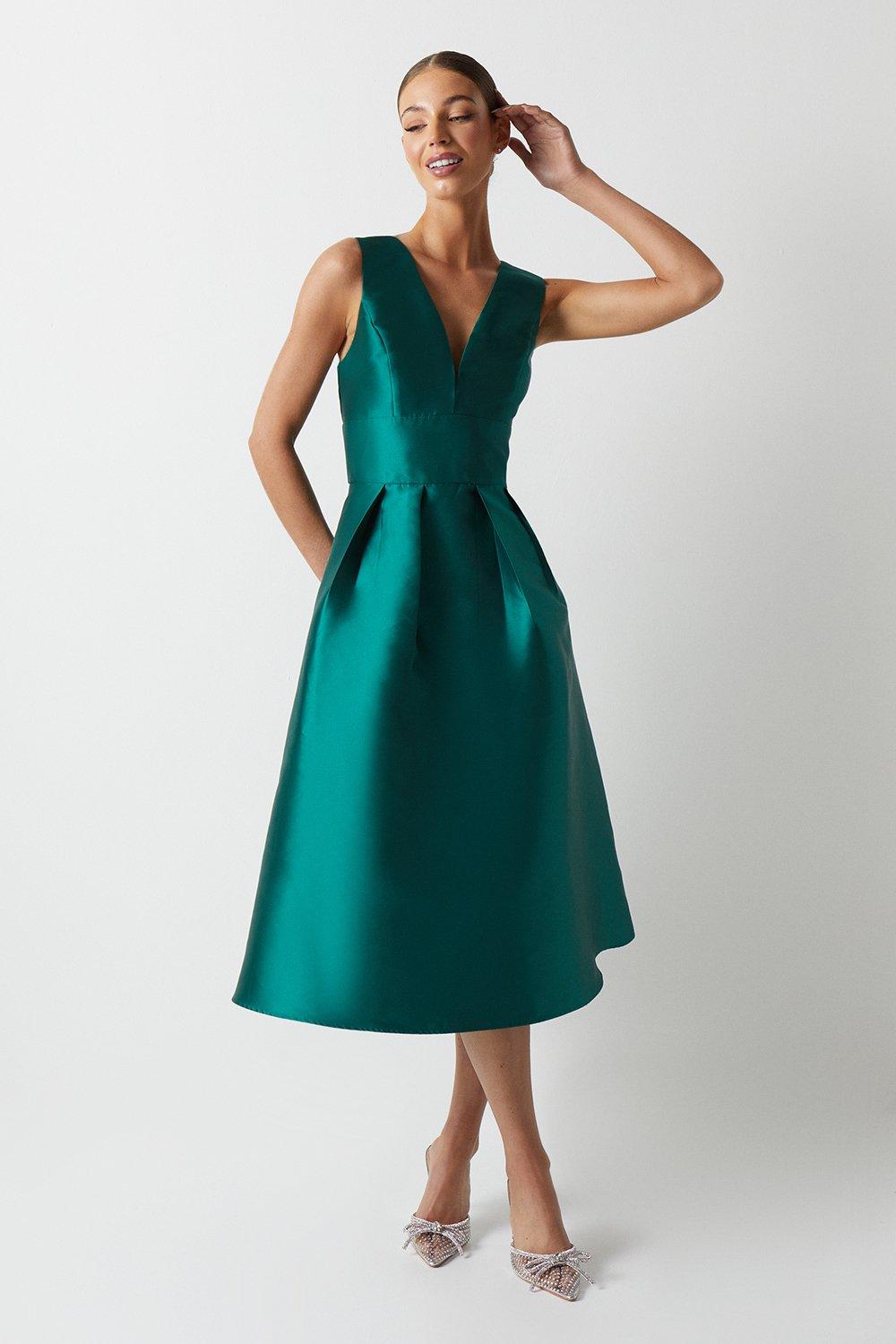 Plunge Neck Structured Twill Midi Dress