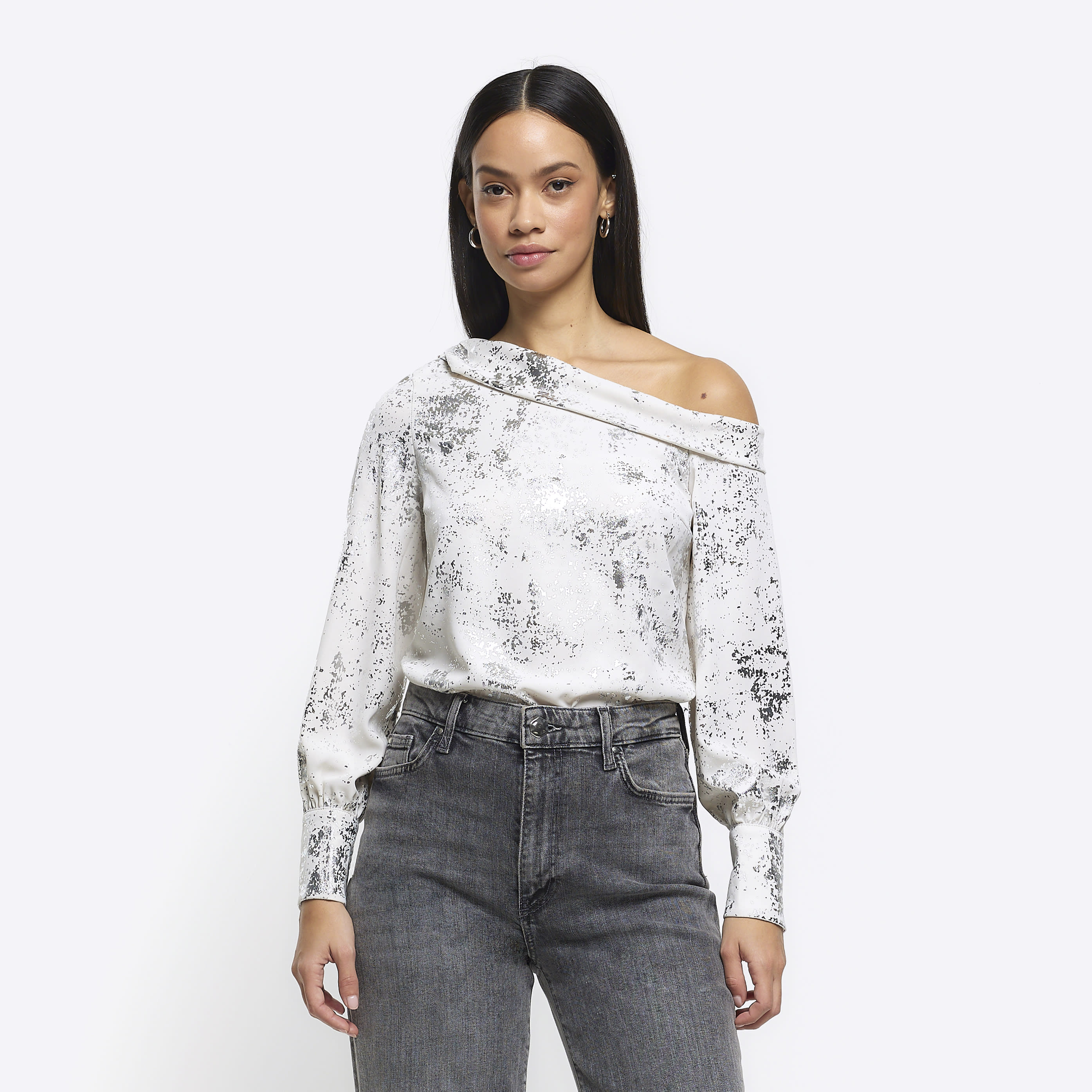 River Island Womens Blouse Silver Foil Off Shoulder