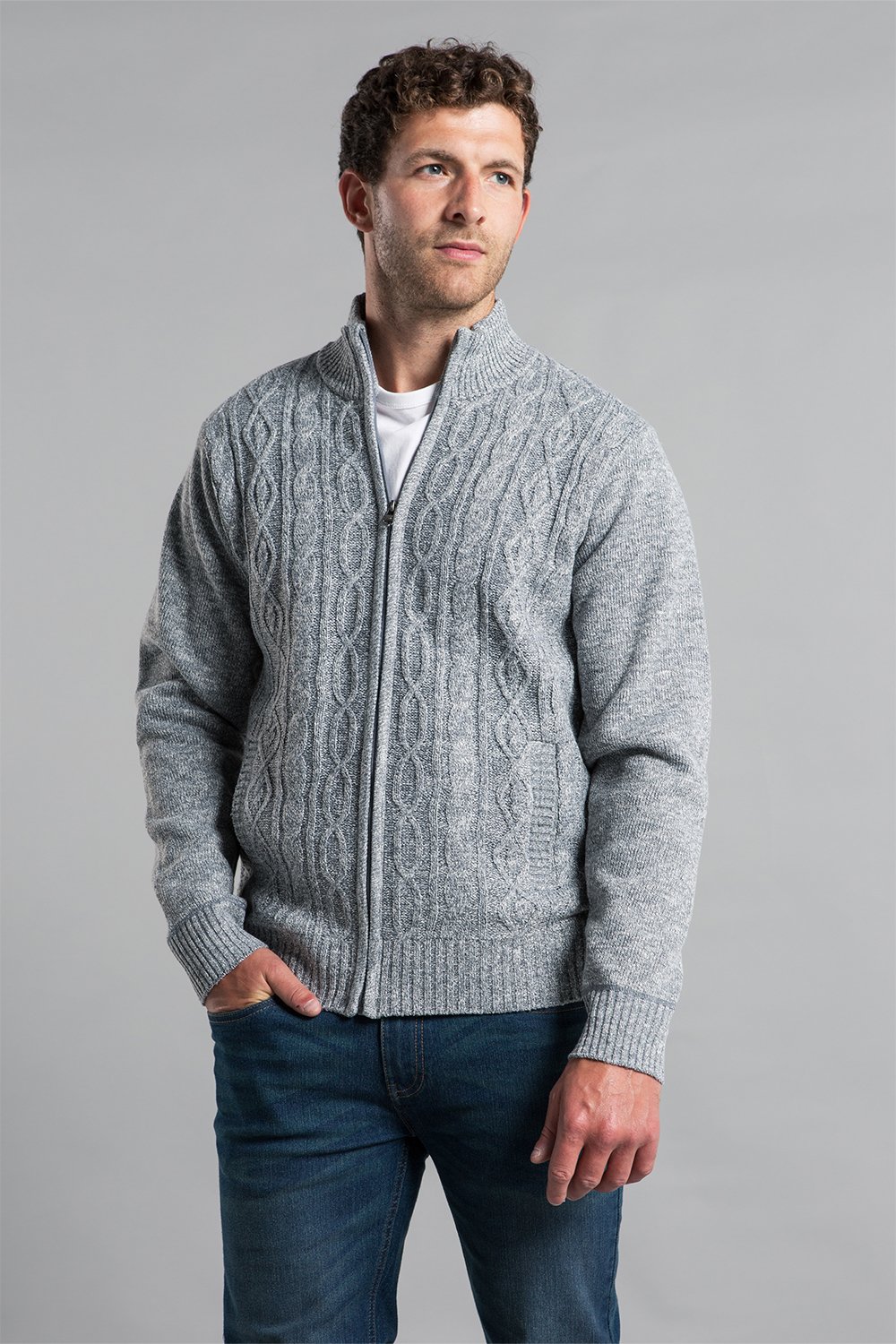 Grey Cable Knit Full Zip Jumper With Fleece Lining