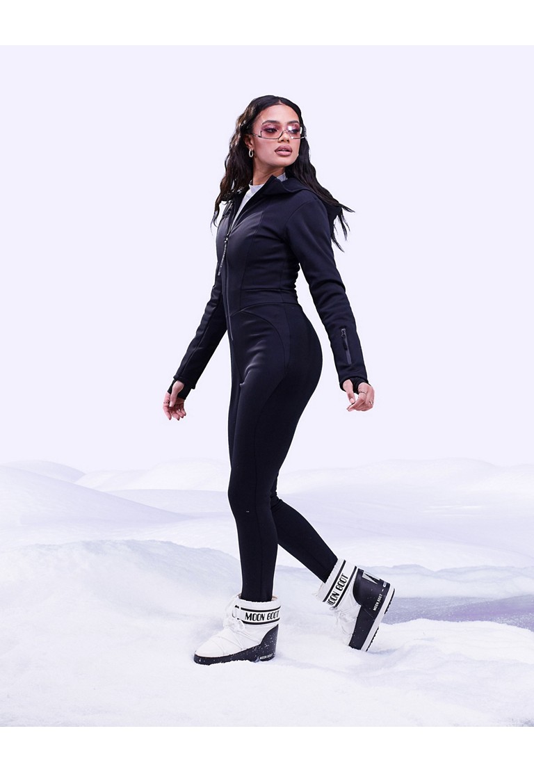 ASOS 4505 ski belted ski suit with skinny leg and hood in black