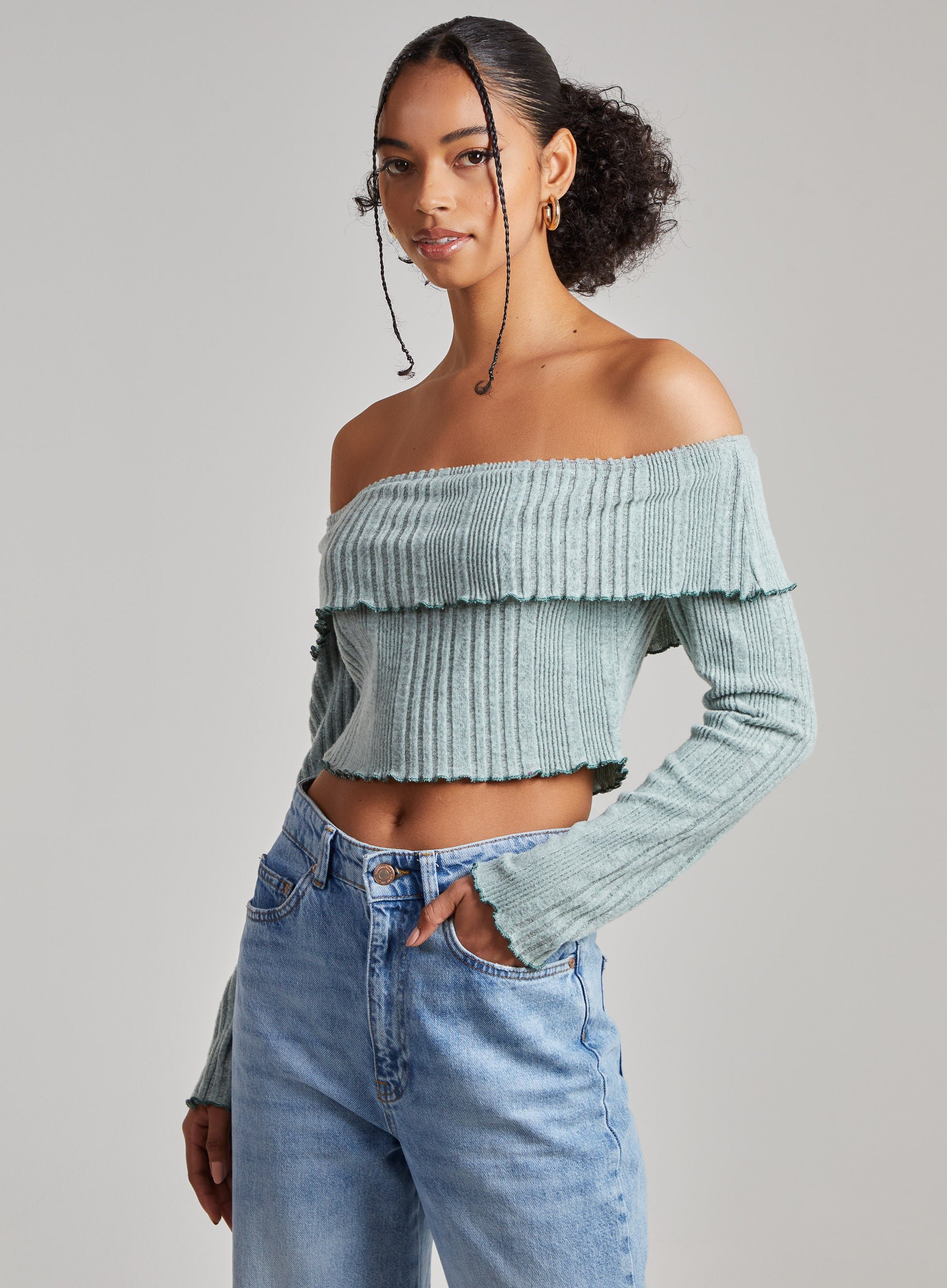 Wide Brushed Ribbed Bardot Top