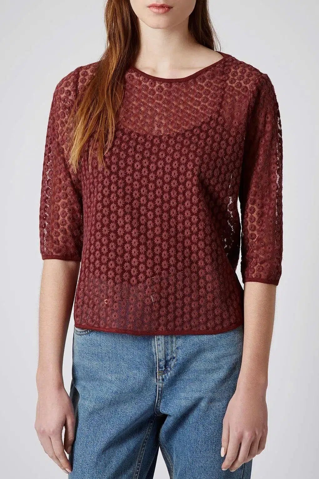 Burgundy Daisy Lace Sheer Top