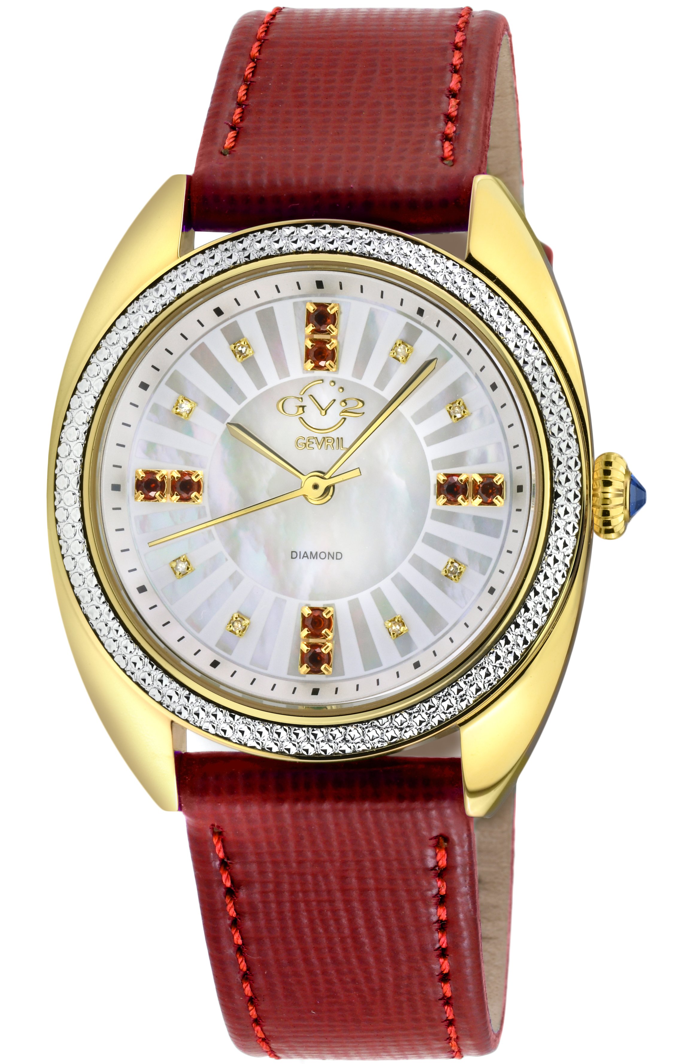 GV2 Women's Palermo Swiss Quatz Diamond Gemstone Red Leather Watch