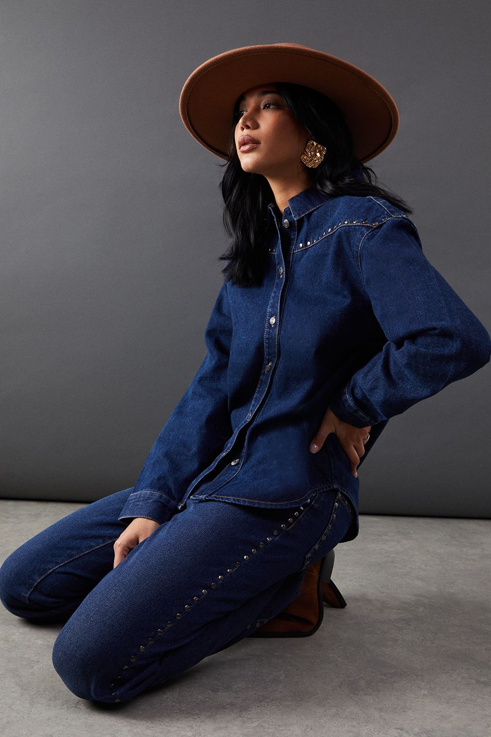 Denim Stud Yoke Oversized Shirt
