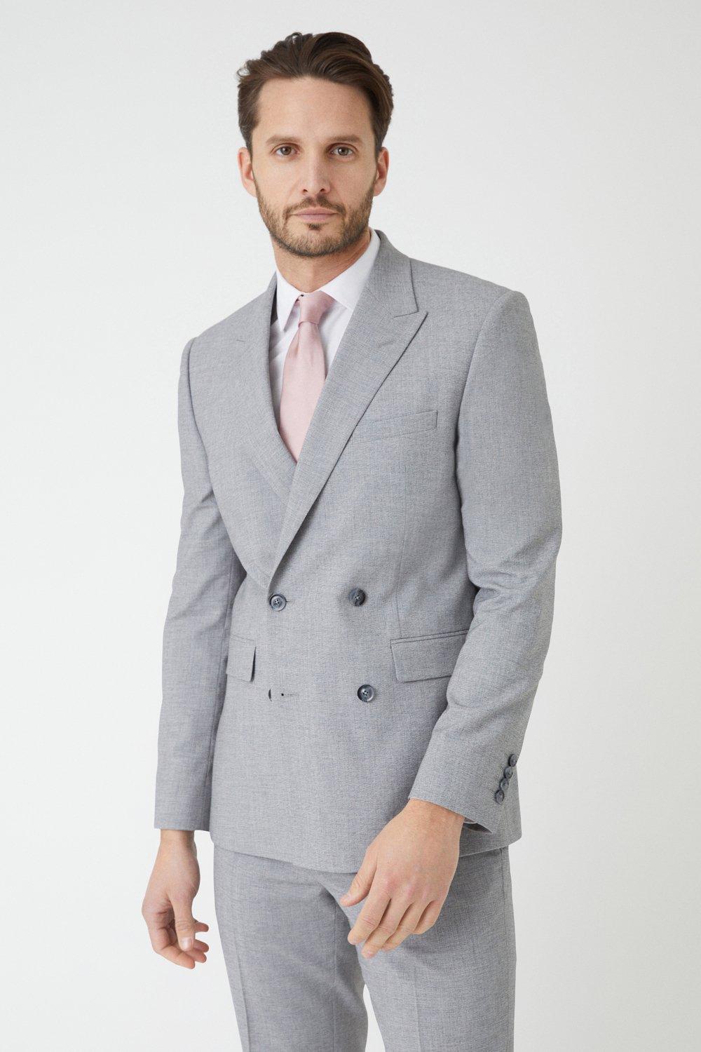 Slim Fit Double Breasted Light Grey Textured Suit Jacket