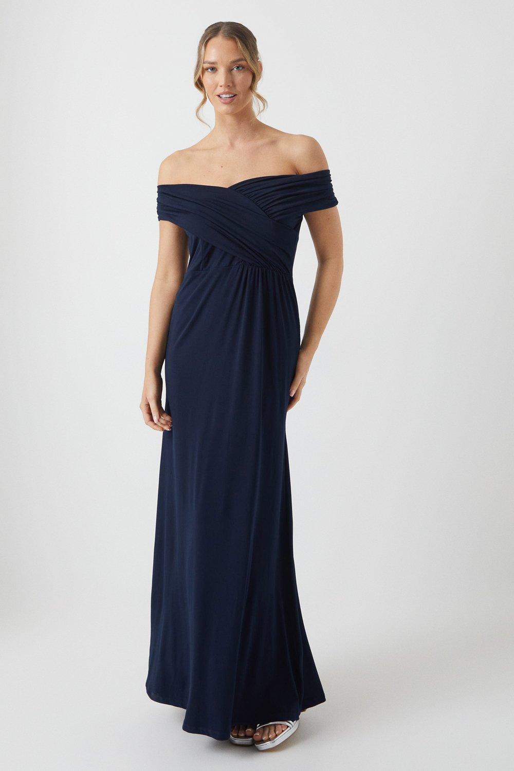 Ruched Bardot Fishtail Slinky Jersey Bridesmaids Maxi Dress