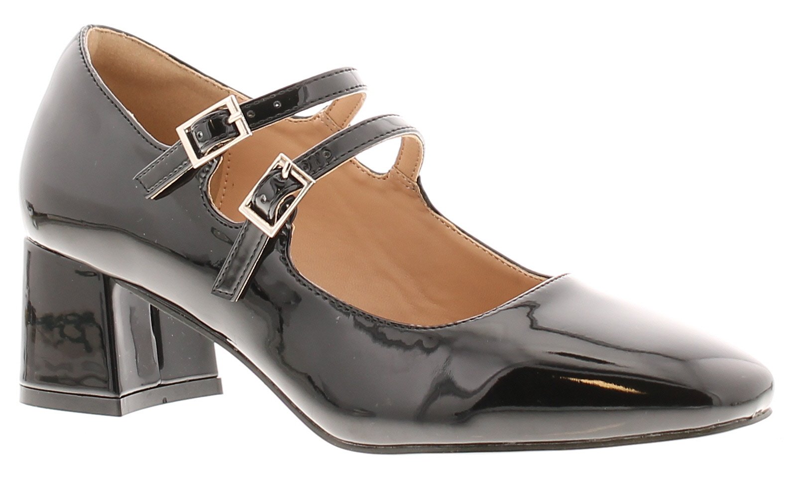 Platino Womens Court Shoes Bustle Buckle black patent.