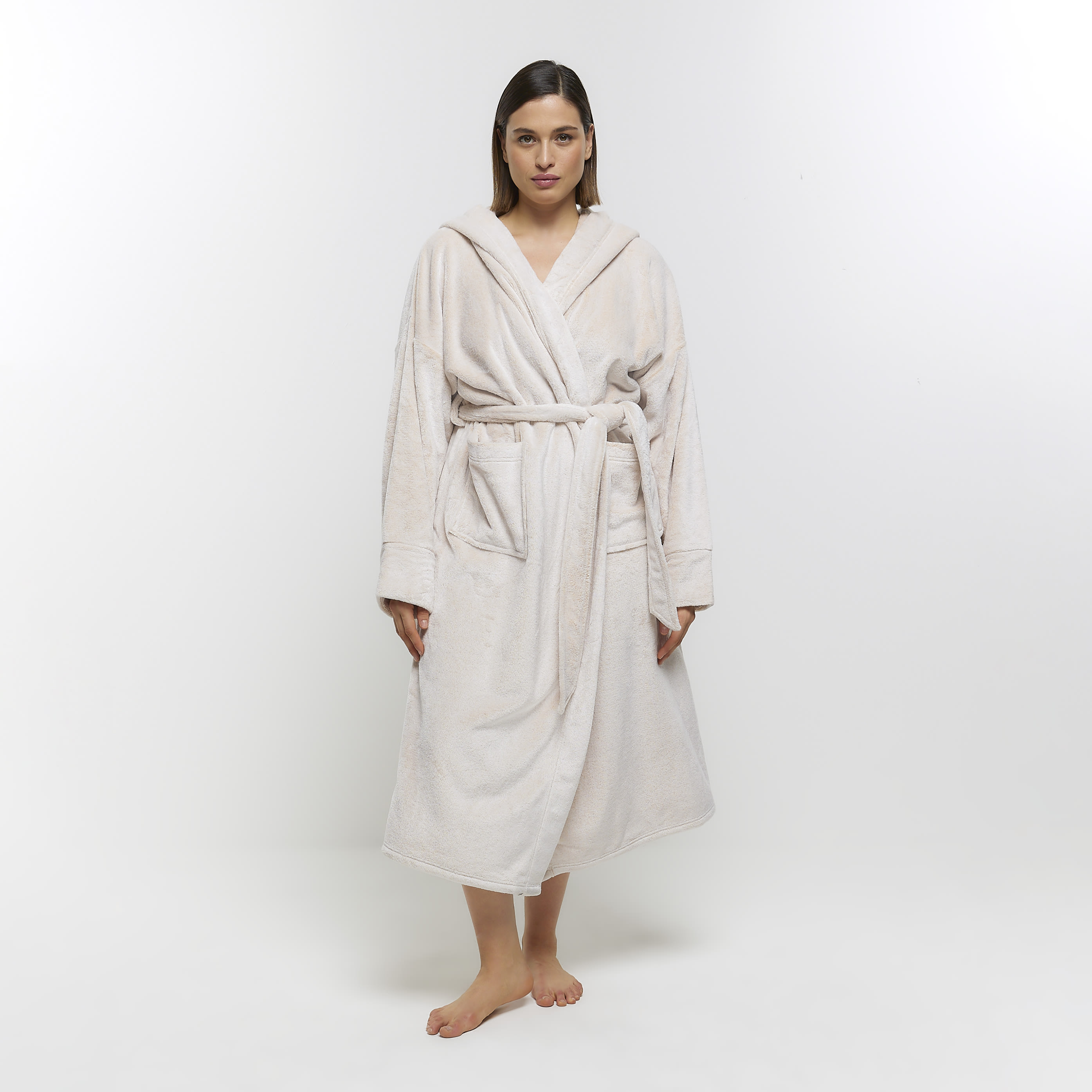 River Island Womens Dressing Gown Plus Beige Fluffy Hooded