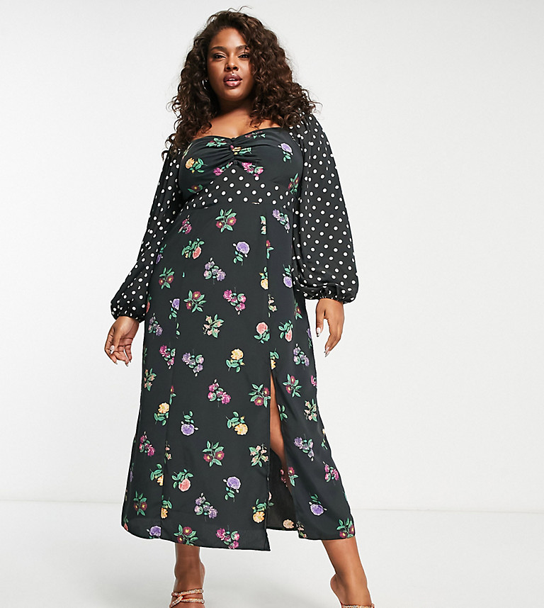 ASOS DESIGN Curve long sleeve midi dress in mixed floral spot print-Multi