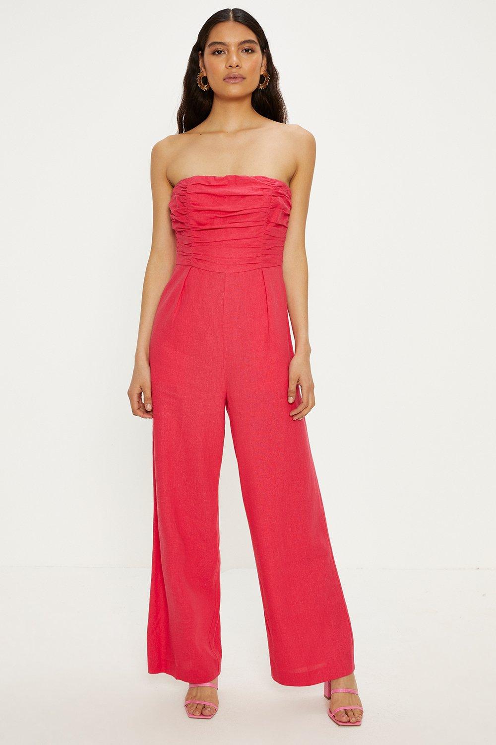 Linen Mix Ruched Detail Strapless Jumpsuit