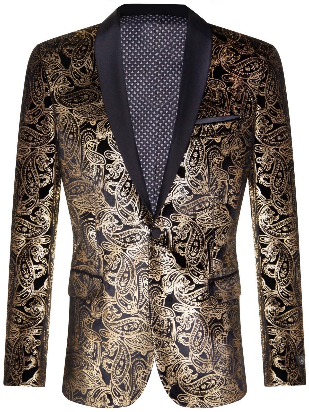 Mens Classic Gold Paisley Black Velvet Smoking Dinner Jacket Tailored Fit Blazer