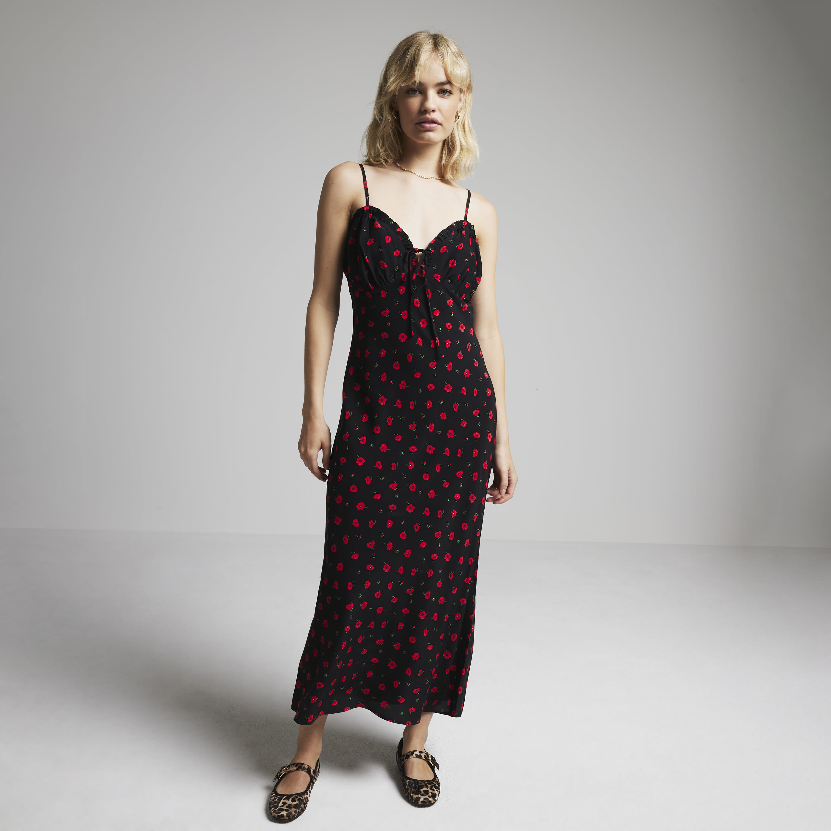 River Island Womens Slip Midi Dress Red Floral Frill Trim