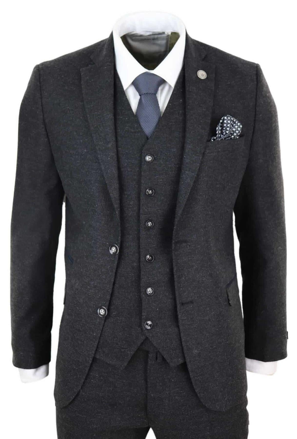 Mens 3 Piece Black Wool Tweed Vintage Retro Suit