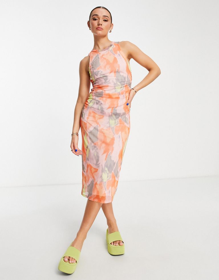 ASOS DESIGN mesh maxi dress with ruched sides in blurred abstract print ...
