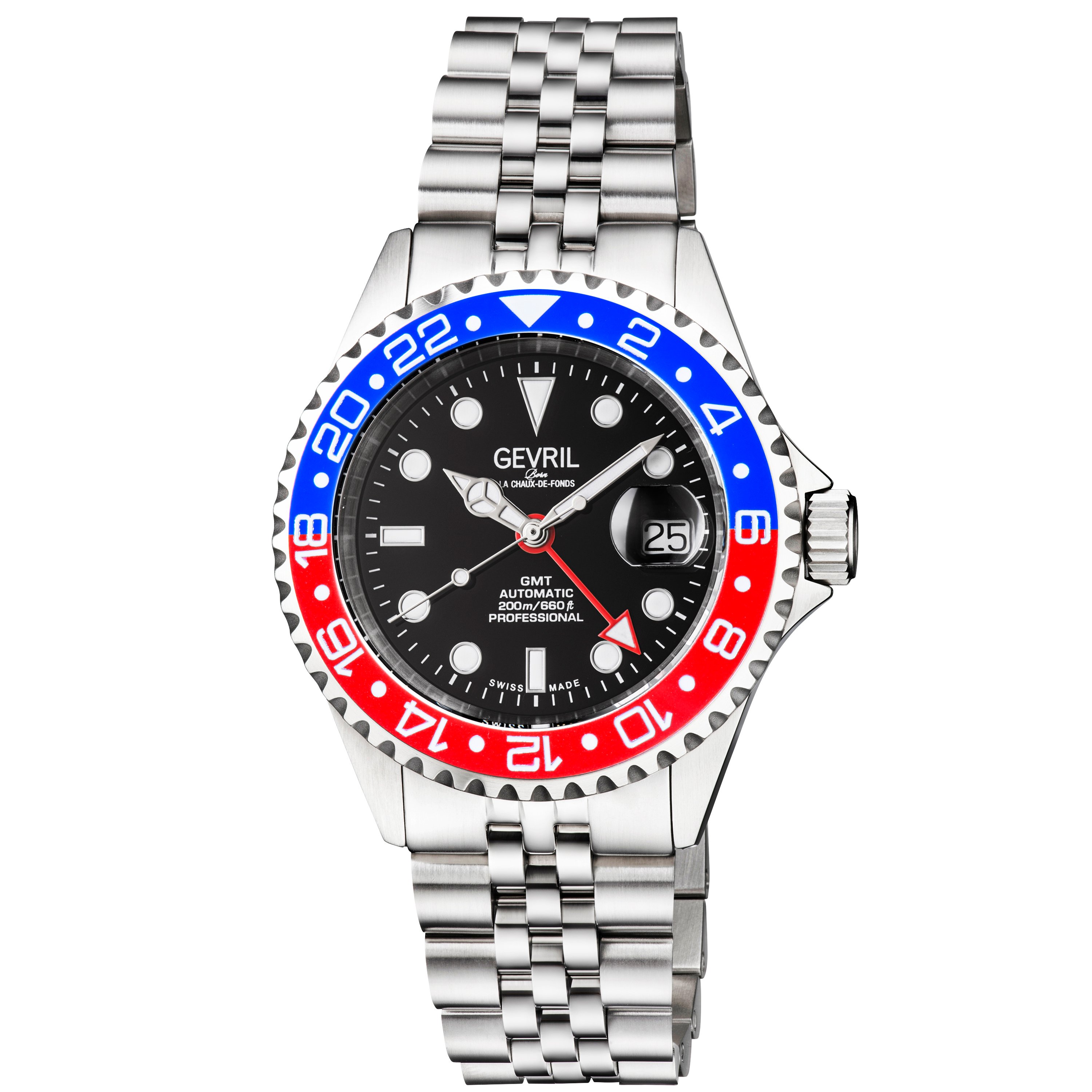 Gevril Men's Wall Street GMT BLK Dial BLU/RED Ceramic Bezel Stainless ...