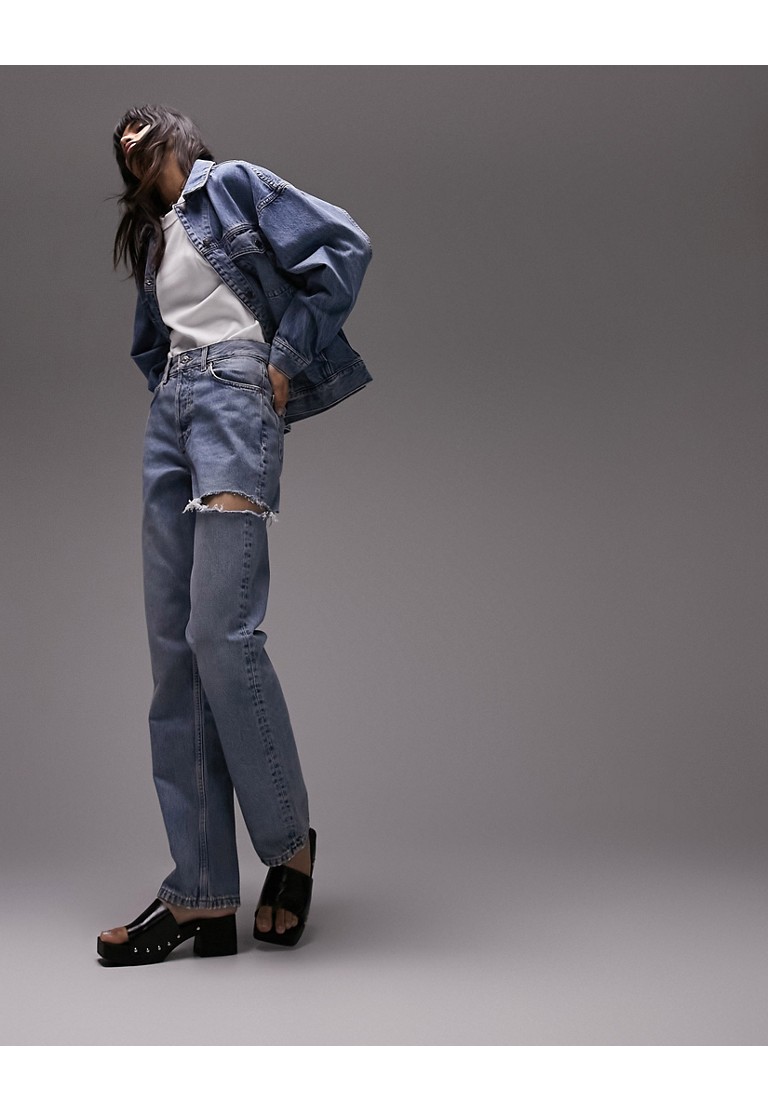 Topshop Dad jeans with side rip in bleach-Blue