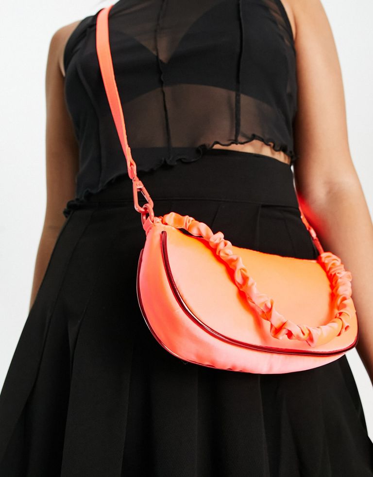 ASOS DESIGN shoulder bag with ruched handle in orange satin