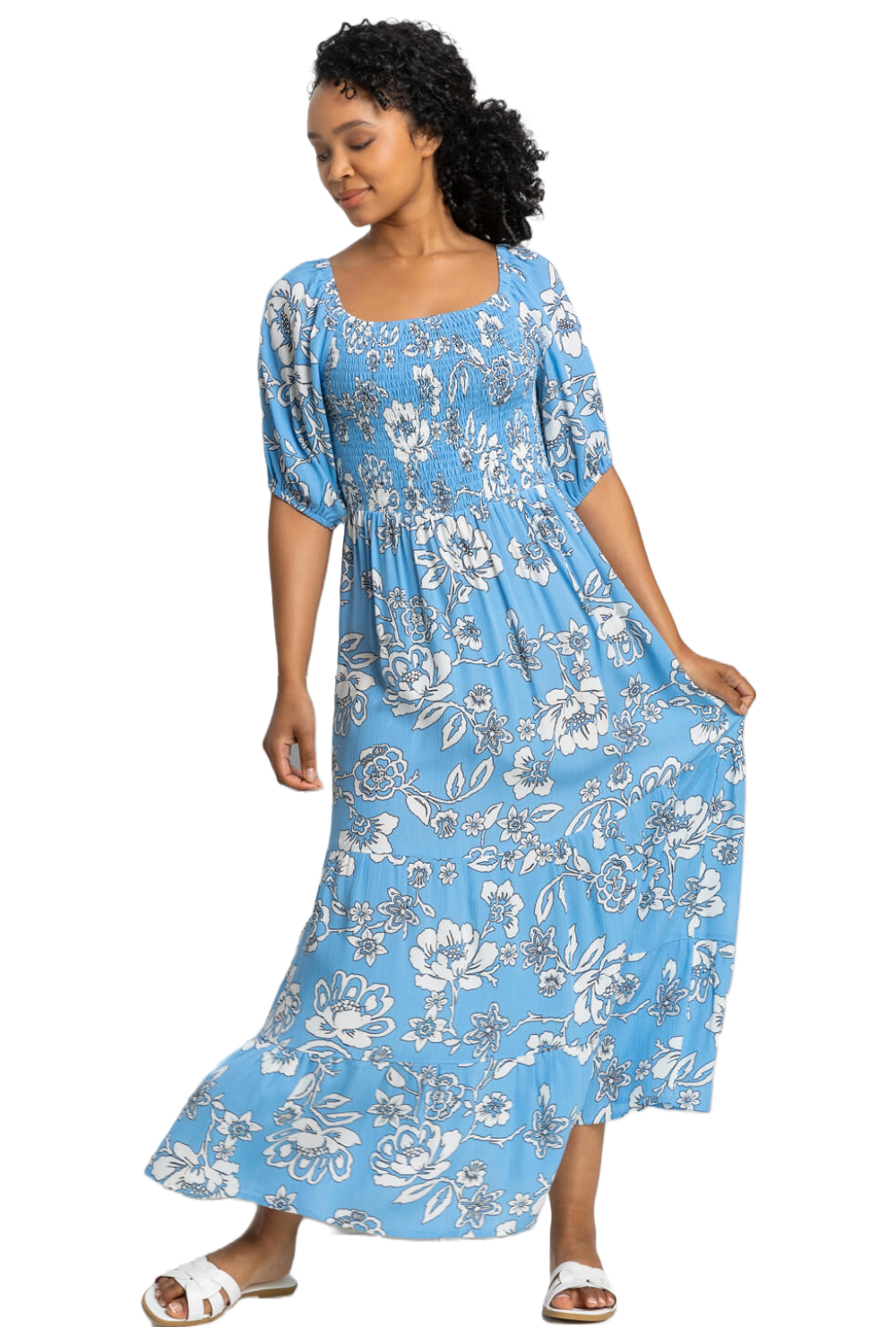 Petite Floral Print Shirred Bodice Maxi Dress