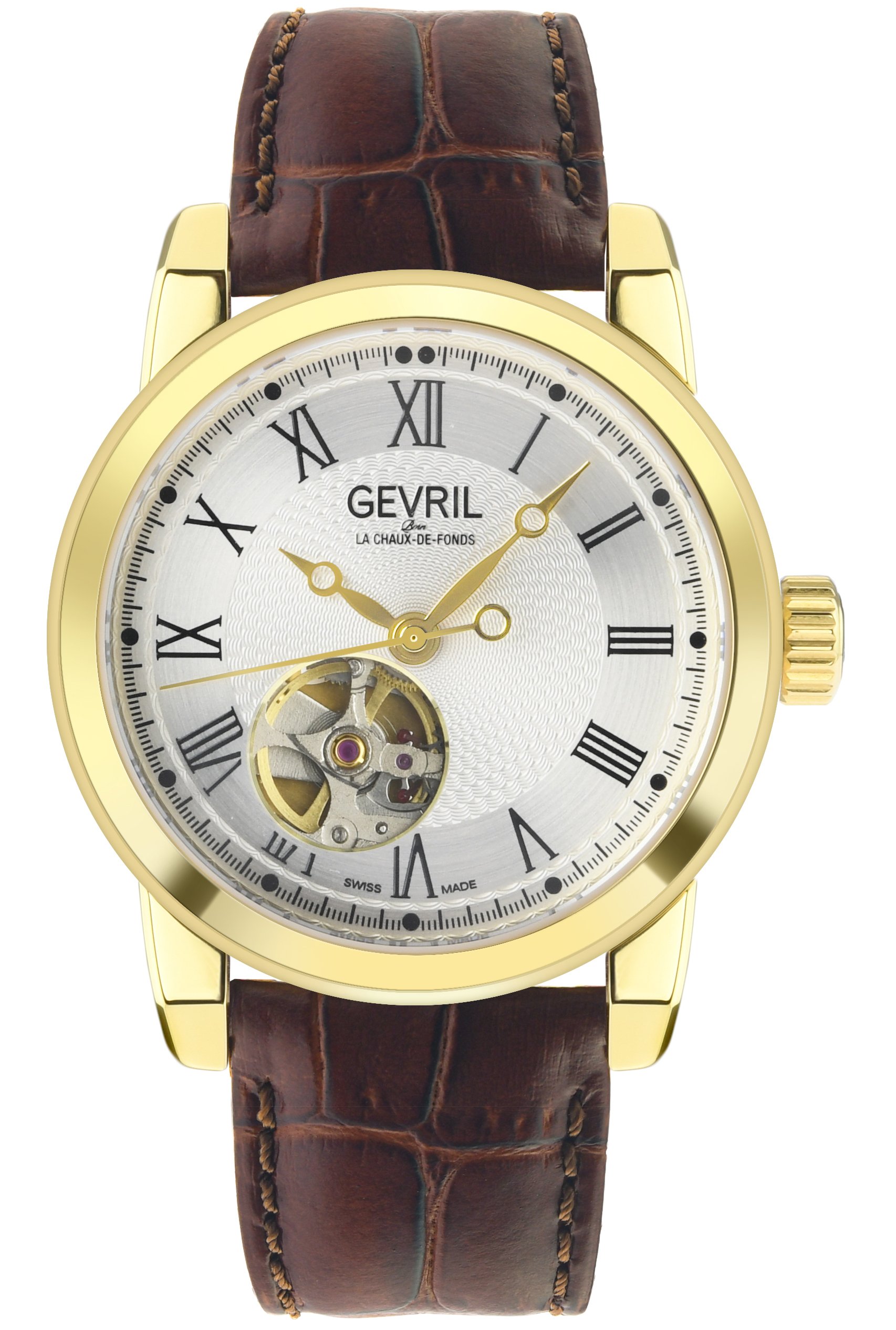 Gevril Men's Madison IP Swiss Automatic Silver Dial Brown Italian ...