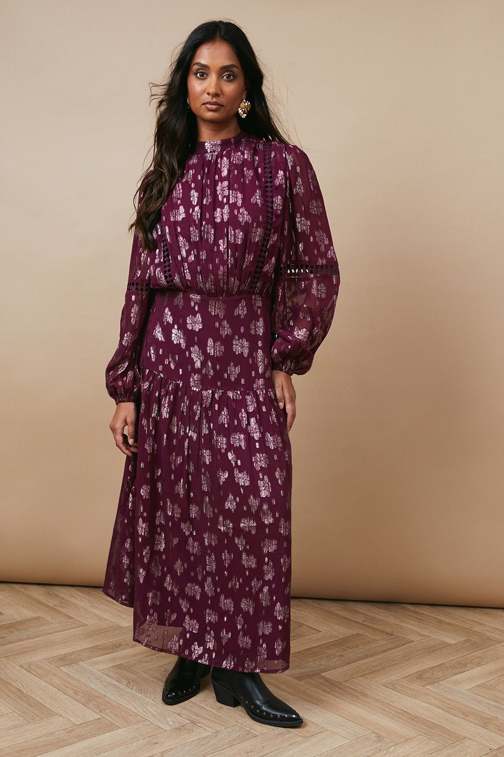 Metallic Jacquard Ladder Insert Midi Dress