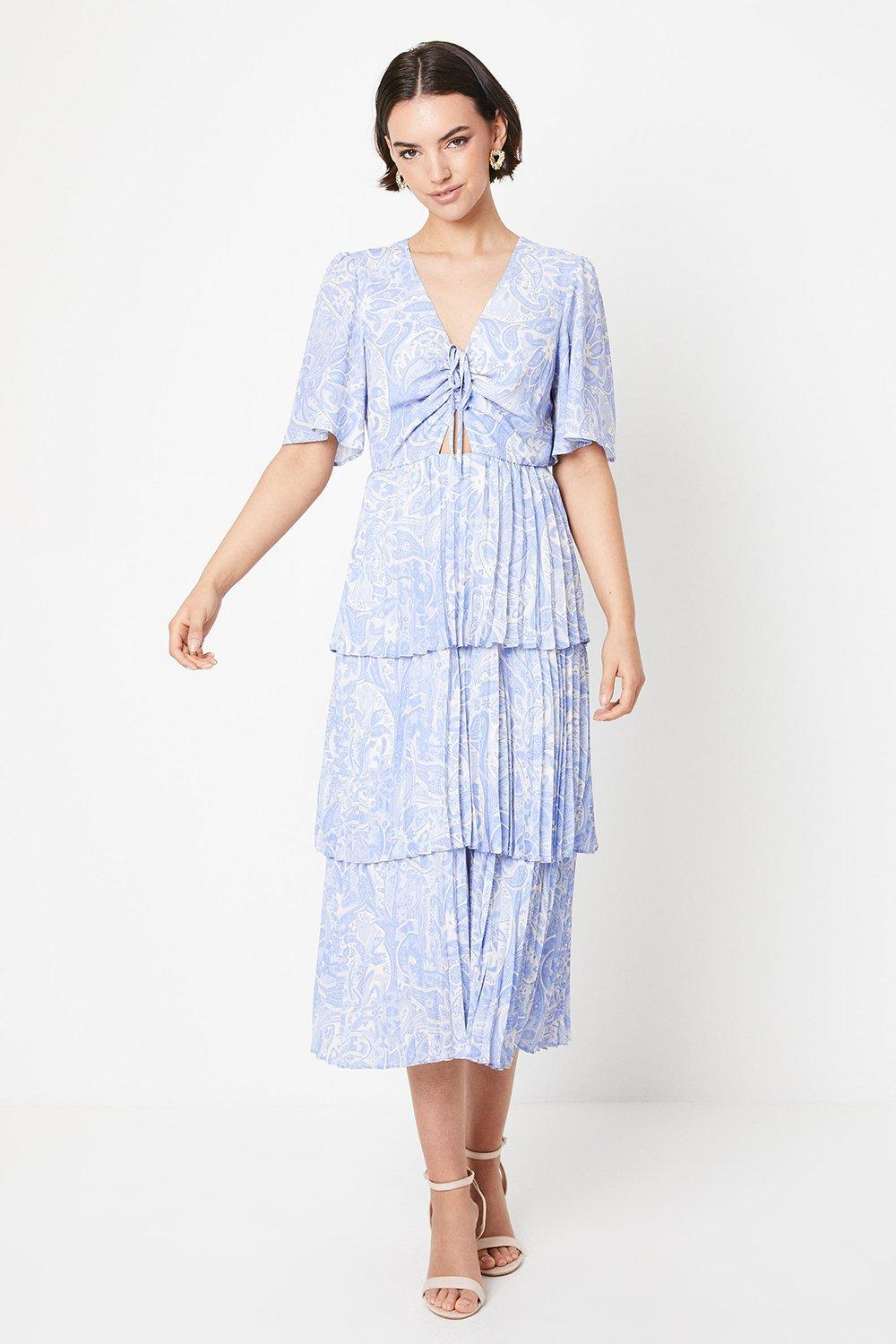 Paisley Ruched Bust Pleated Tiered Midi Dress