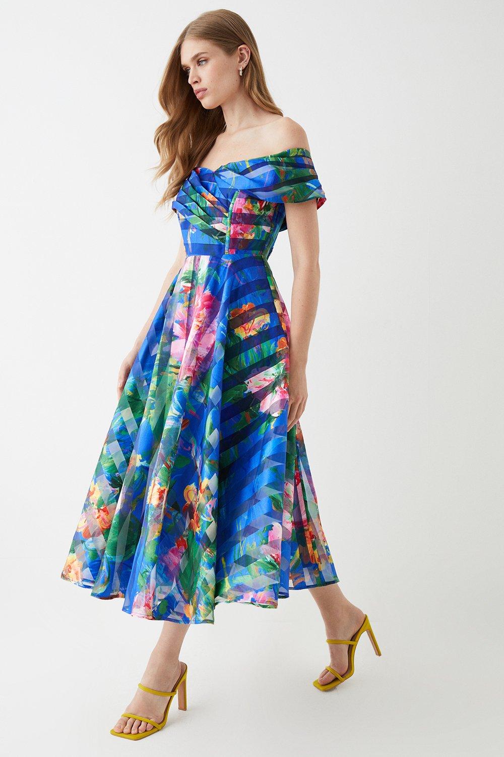 Stripe Organza Pleated Top Midi Dress