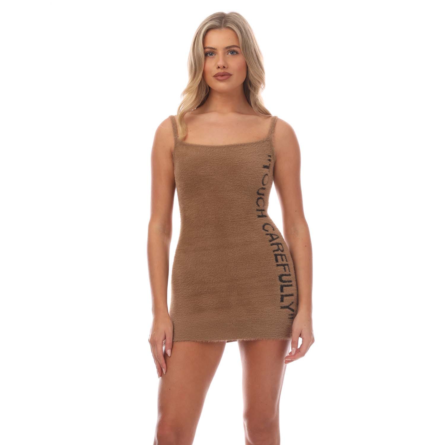 Women's Off White Quote Fuzzy Mini Dress in Camel