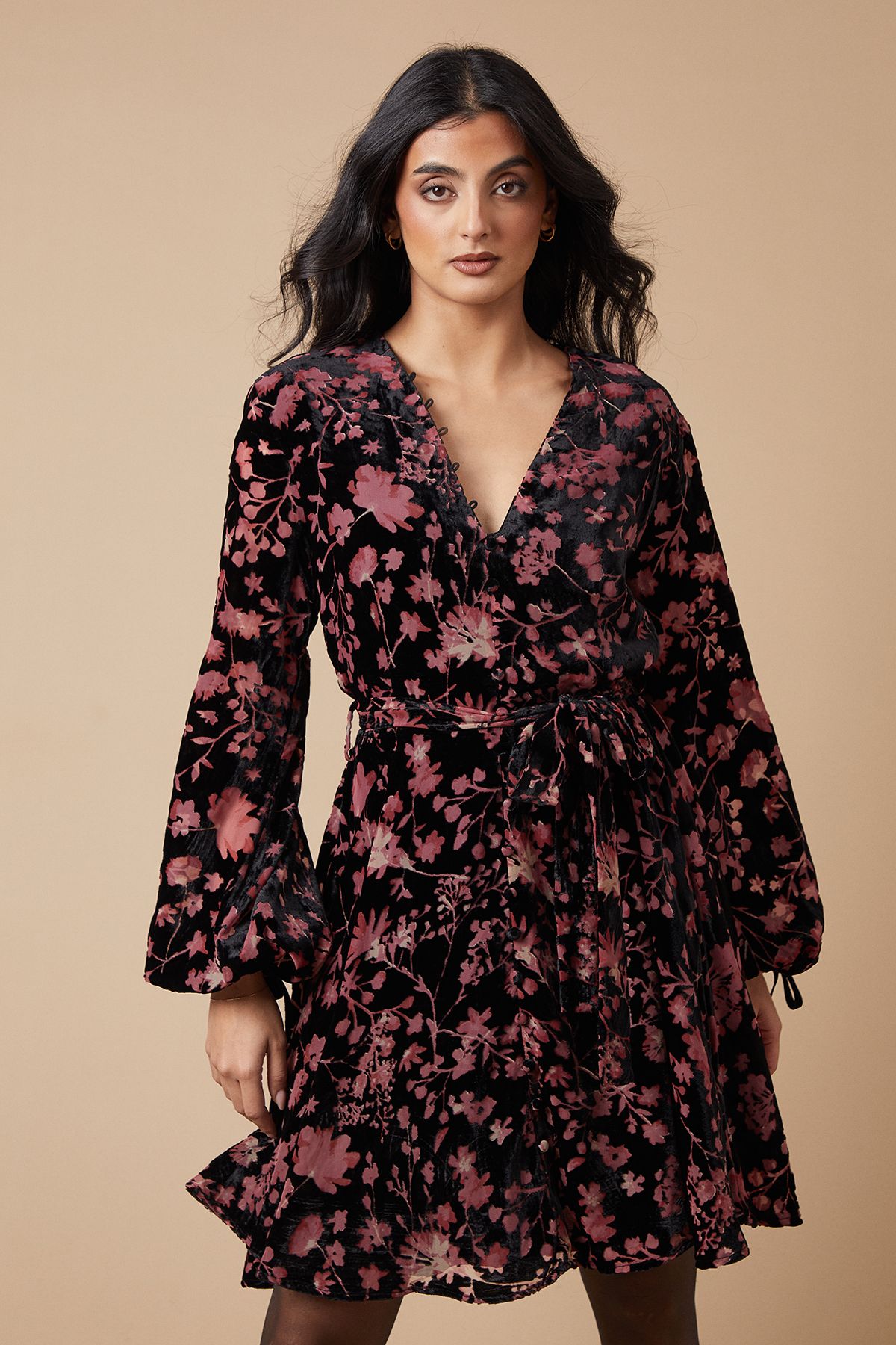 Devore Long Sleeve Button Detail Mini Dress