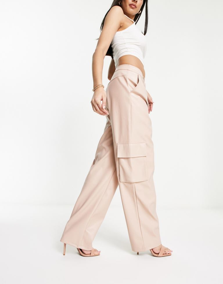 Miss Selfridge Faux Leather Wide Leg Cargo Trouser In Taupe White