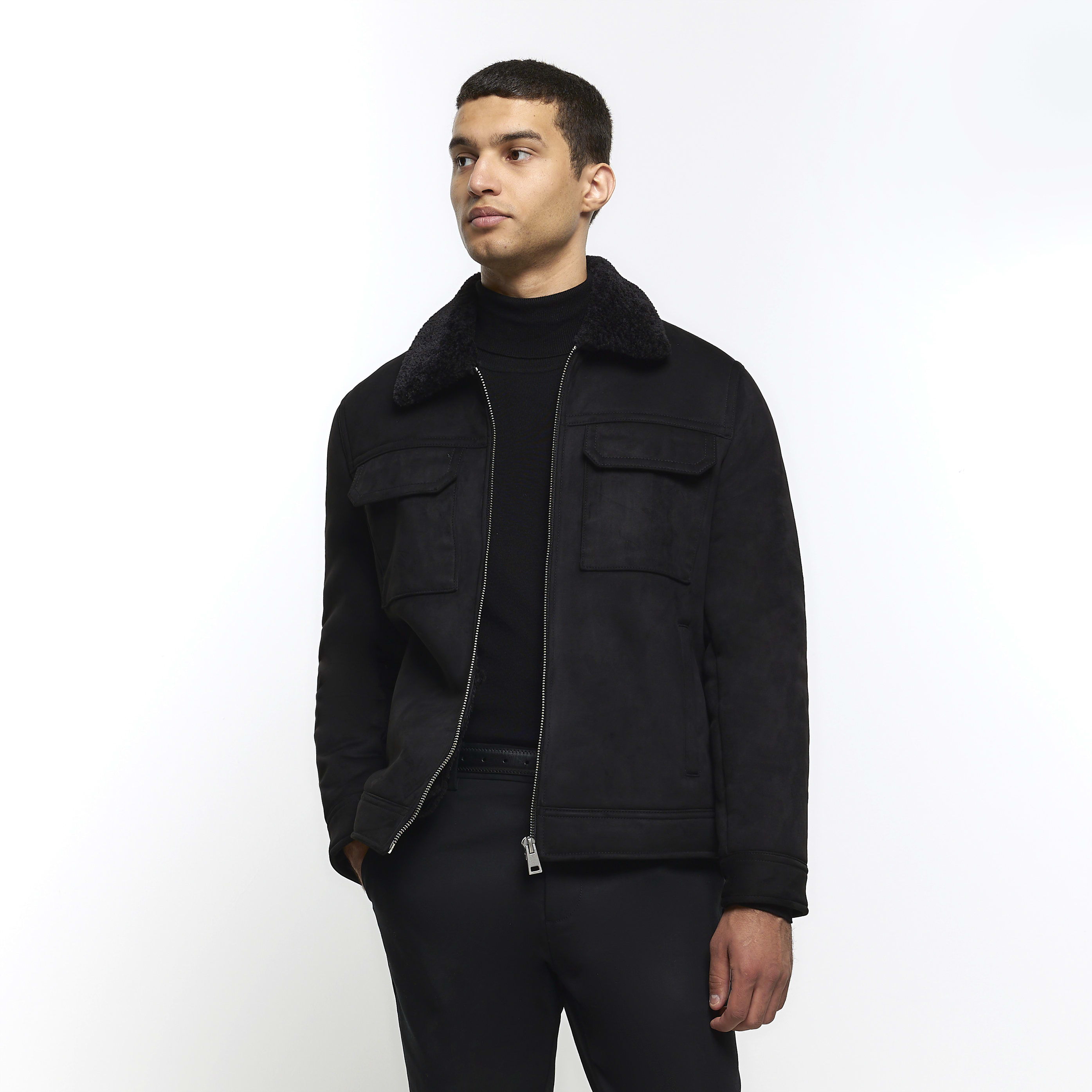 River Island Mens Western Jacket Black Regular Fit Shearling