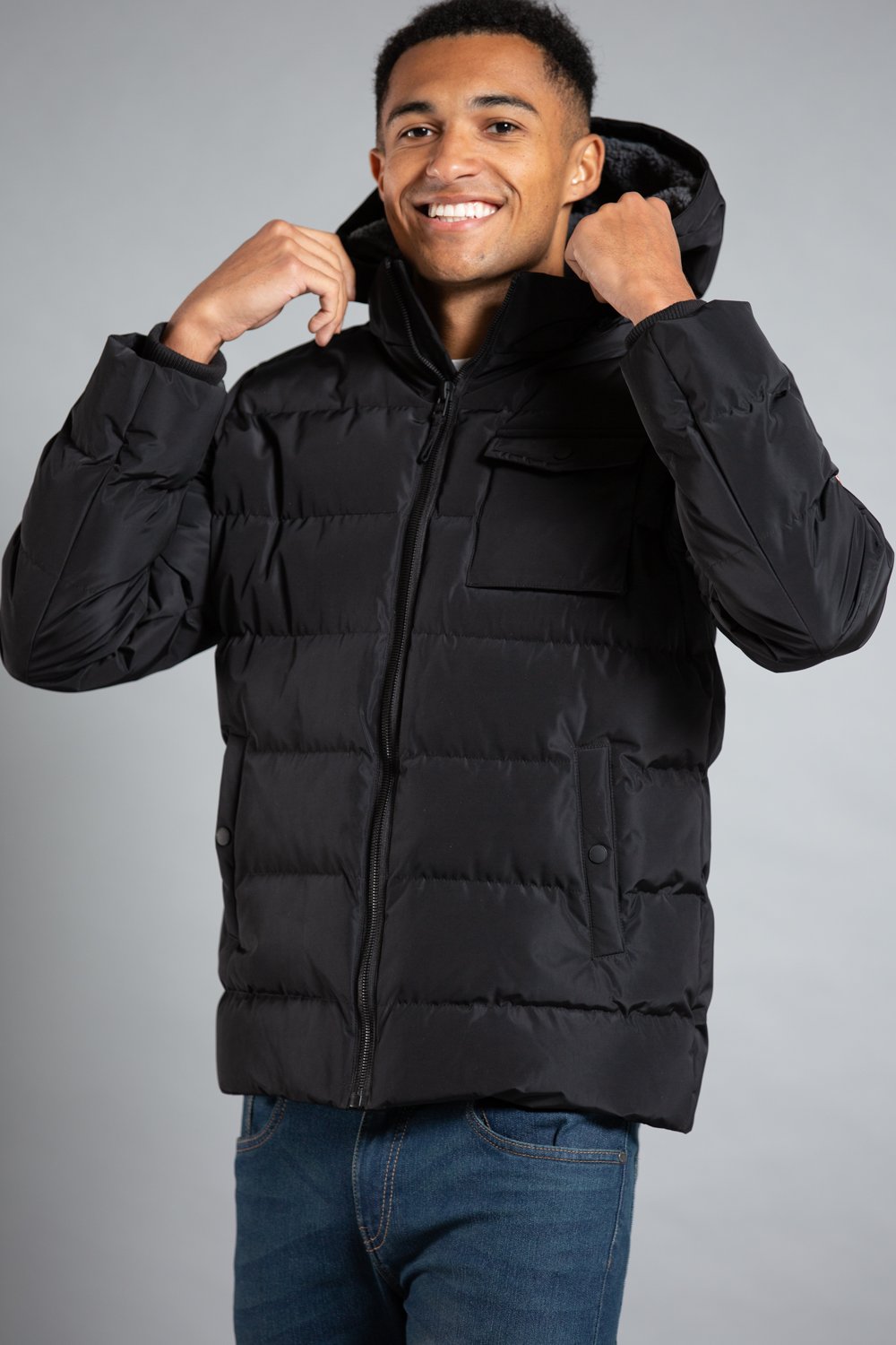 Black Hooded Padded Funnel Neck Jacket With Sherpa Lining Hood