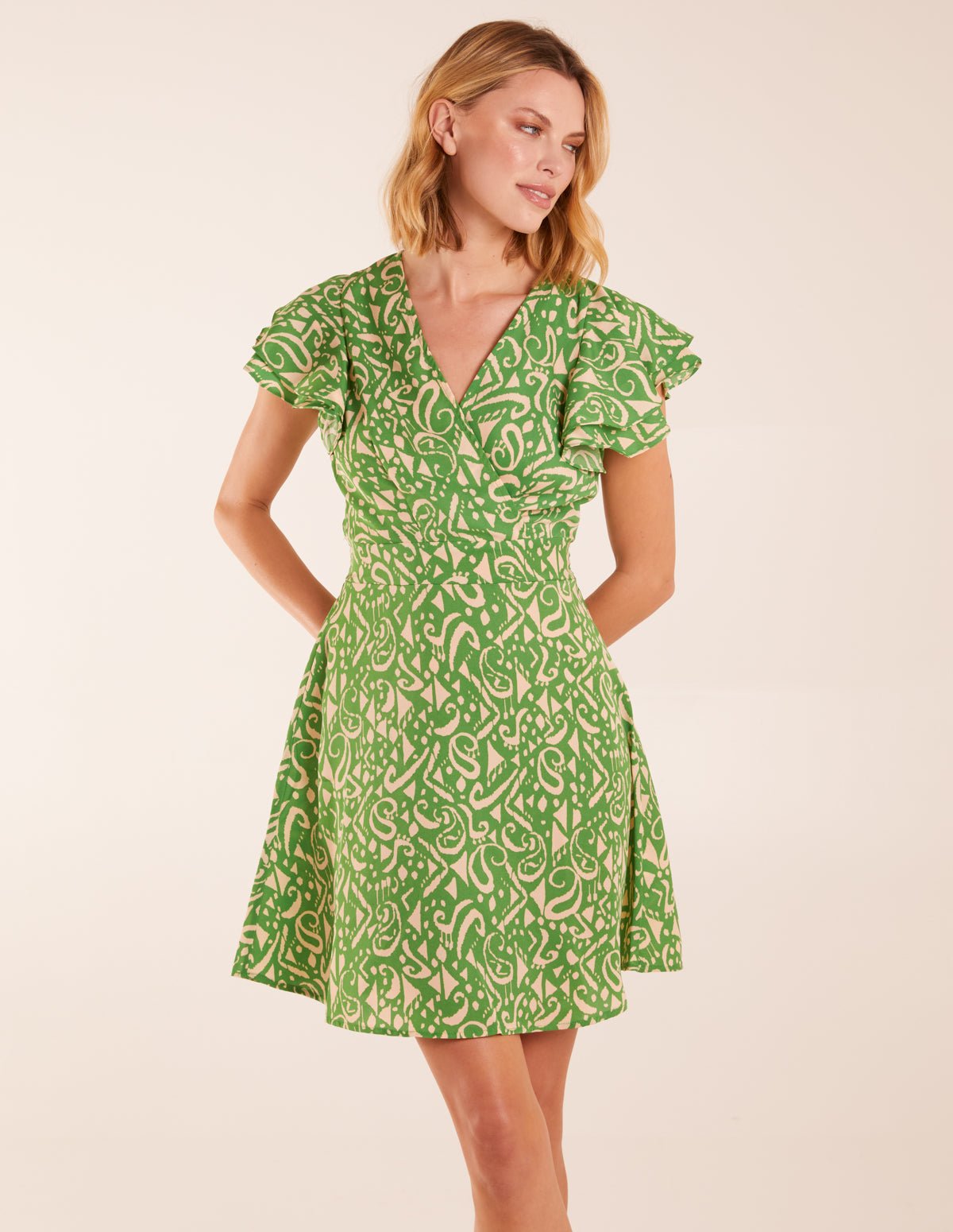 Aztec Wrap Ruffle Frill Sleeve Mini Dress