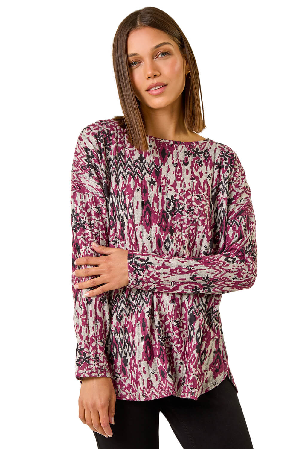 Floral Ikat Print Ribbed Top