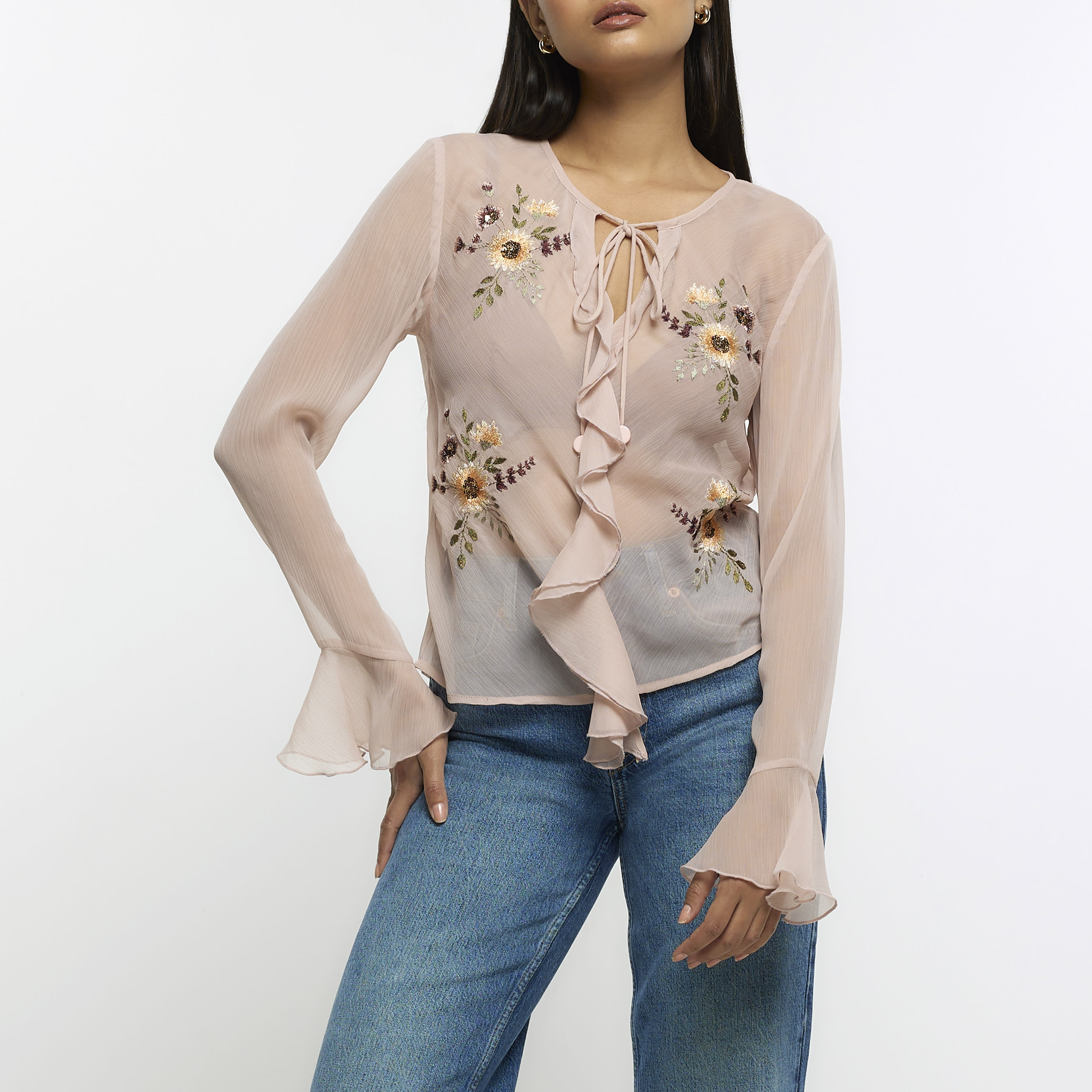 River Island Womens Blouse Pink Embroidered Floral