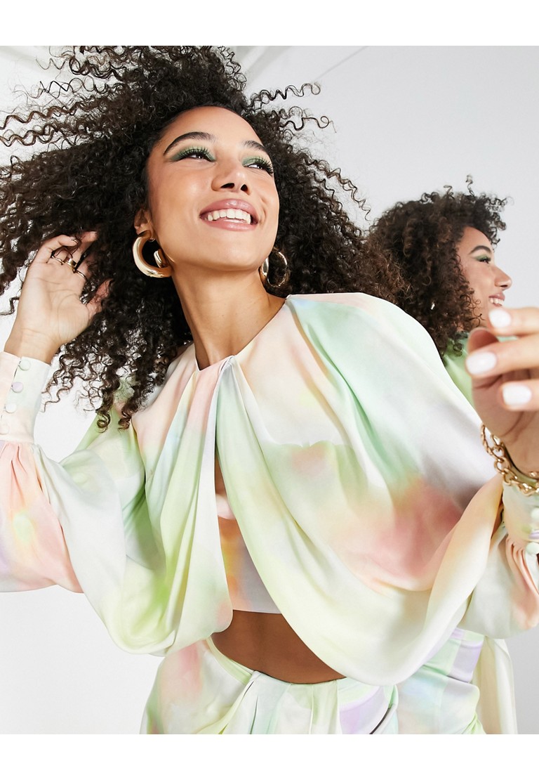 ASOS EDITION satin drape top in watercolour print-Multi