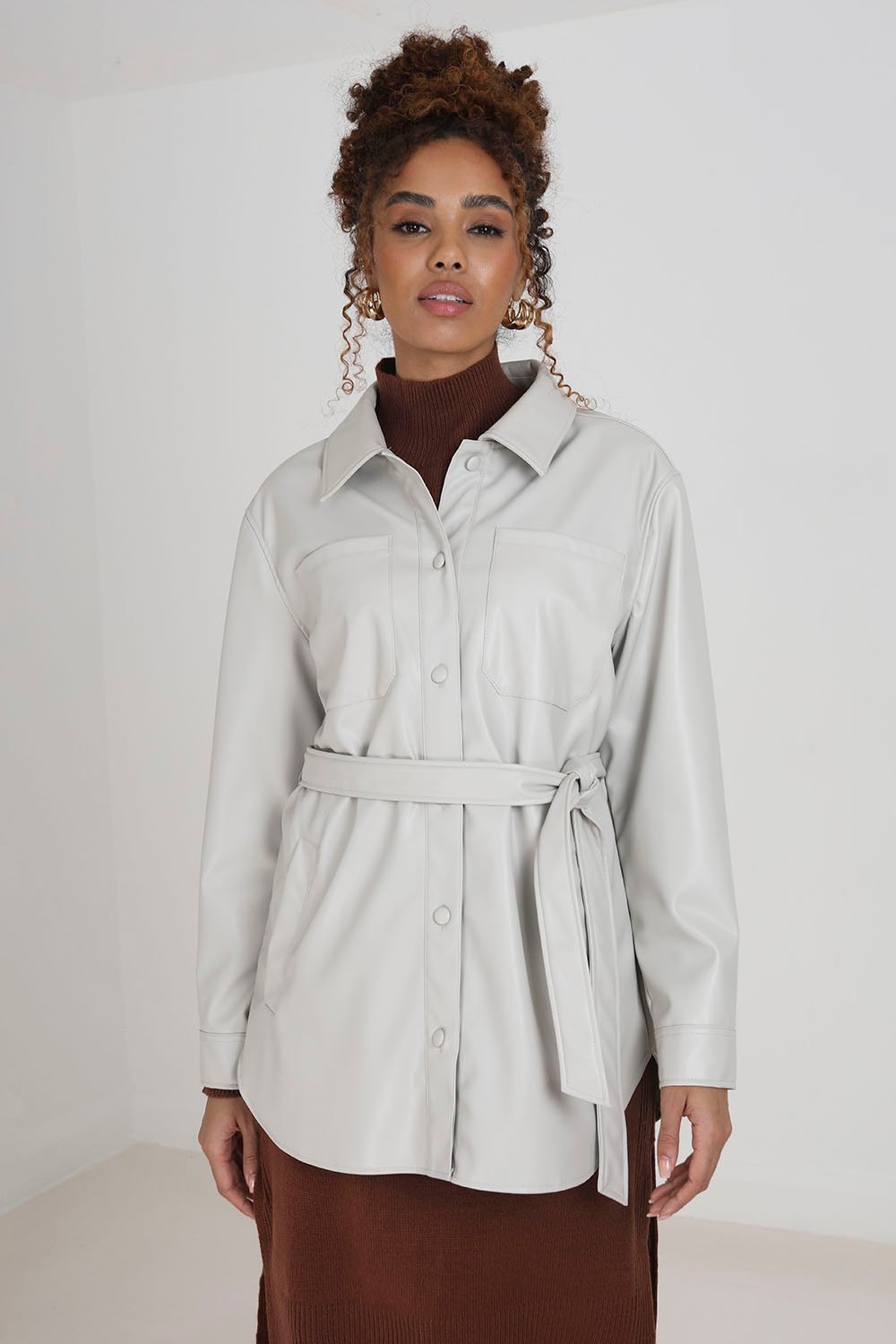 Stone 'Dana' Faux Leather Self Tie Shacket