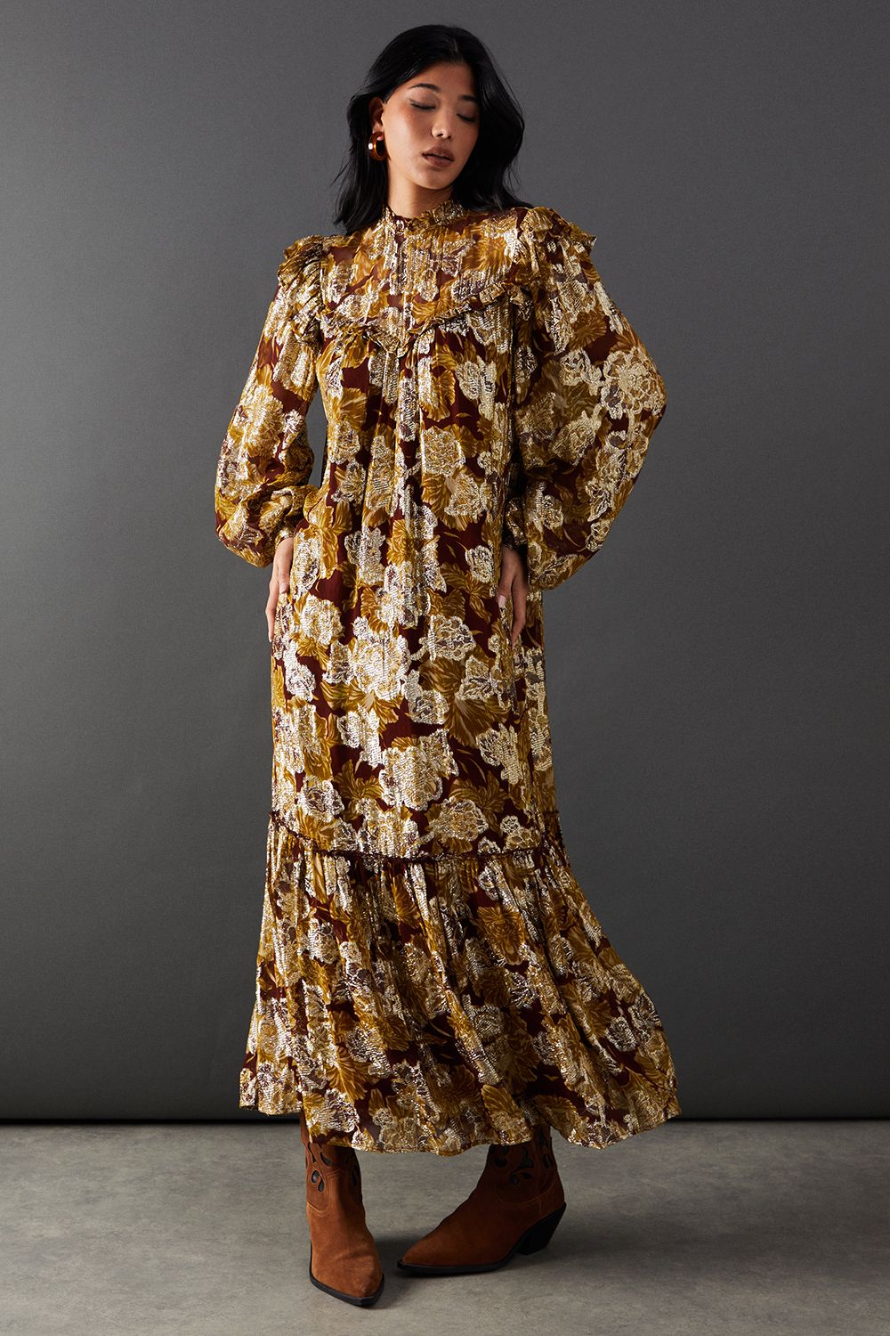 Printed Metallic Jacquard Frill Yoke Tier Hem Midi Dress